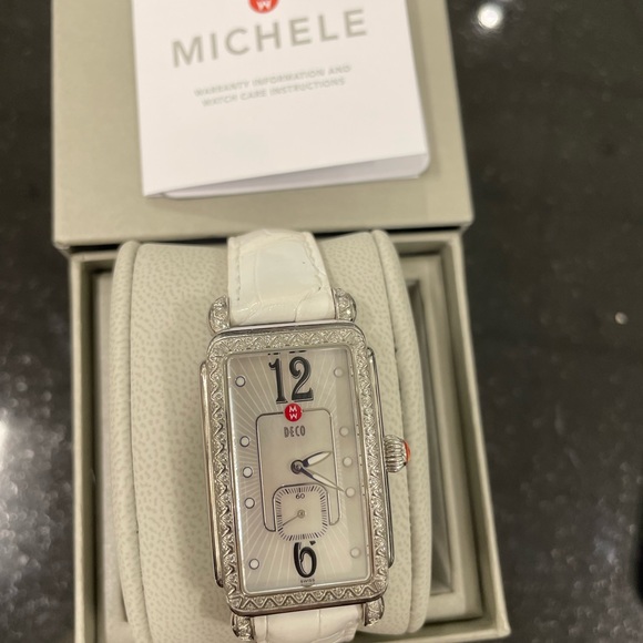 Michele | Accessories | Michele Deco Watch With White Leather Strap ...